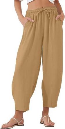 Generic Pantalon en coton et lin pour femme - Jambe large - Pantalon de plage d&eacute;t&eacute; confortable - Pantalon de yoga Palazzo - XIYU26064, kaki, 3XL