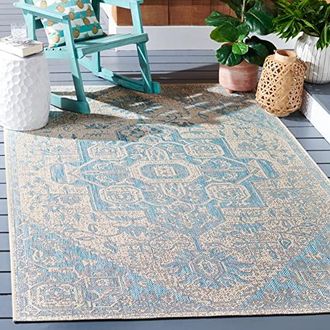 Safavieh Tapis Medallion pour intérieur et extérieur - Collection Beachhouse, Poils Courts, Couleur Aqua et crème, 79 x 152 cm