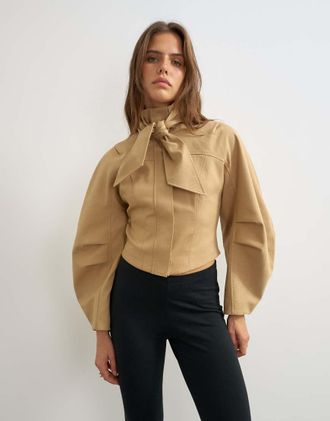 Topshop veste ajust&eacute;e &agrave; col &agrave; nouer et manches ovo&iuml;des beige-Marron