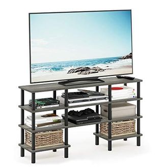 Furinno Turn-N-Tube Meuble TV Multi-Usages &agrave; 4 Niveaux &agrave; &Eacute;tag&egrave;re Large, Ch&ecirc;ne Fran&ccedil;ais Gris/Noir, One Size