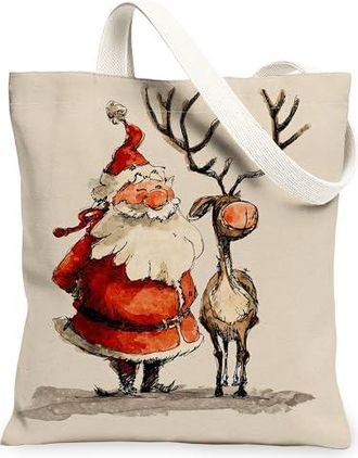 Generic Sac fourre-tout en toile avec motif de renne de P&egrave;re No&euml;l, imprim&eacute; animal festif, l&eacute;ger et lavable avec bandouli&egrave;re pour le voyage, beige, 13x15 Inch