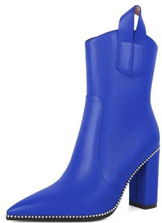 EDEFS Femme Pointe Bottine 9.5 CM Talon Bloc Confortable Fermeture &agrave; Glissi&egrave;re Hautes Bottes Bleu Royal EU39
