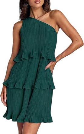 Generic Mini robe d&eacute;t&eacute; sans manches asym&eacute;trique sans manches pour femme - &Eacute;paules d&eacute;nud&eacute;es - Volants &agrave; volants - Panneaux trap&egrave;ze superpos&eacute;s et ourlet pliss&eacute;,