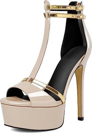 elashe Femmes Femmes Plate-Forme Sandales Bout Ouvert Sandales À Talons avec Lanière en T Sexy Talons Hauts Aiguille Sandales 14 CM Chaussures Beige EU37