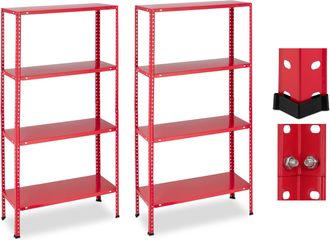 Relaxdays Schwerlastregal, 2er Set, Traglast 160 kg, 4 Ebenen, HBT 147,5x75,5x30,5 cm, Keller & Garage, Metallregal, rot