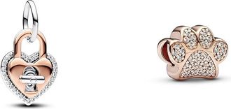 Pandora Drehbares Herz-Schloss Doppelter Charm-Anhänger, Sterling Silber, 14 Karat rosévergoldeter Metalllegierung Funkelnder Pfotenabdruck Charm, 14 Karat ro