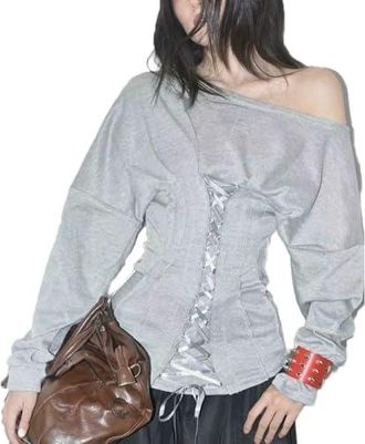 Generic QXDZSW T-shirts d&eacute;contract&eacute;s pour femme col asym&eacute;trique &eacute;paules d&eacute;nud&eacute;es manches longues cordon de serrage design quotidien simple polyvalent tops, gr