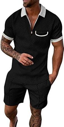 Generic Ensemble polo et short dété 2 pièces pour homme - Tenue de plage hawaïenne légère - Coupe régulière - Manches courtes - Fermeture éclair - Col rabattu