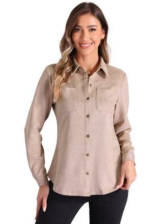 Allegra K Chemise en faux daim pour femme, extensible, à manches longues, boutonnée, décontractée, beige, XL