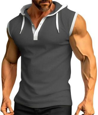 Generic DENGJIAMY D&eacute;bardeur &agrave; capuche sans manches gaufr&eacute; pour homme - T-shirt d&eacute;t&eacute; &agrave; boutons et col en V pour homme, gris, XXL