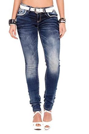 Cipo & Baxx WD256 5 Pantalon en jean, pour femme, coupe ajust&eacute;e, coutures d&eacute;coratives, style d&eacute;contract&eacute;, en denim d&eacute;lav&eacute;, bleu, 26W x 32L