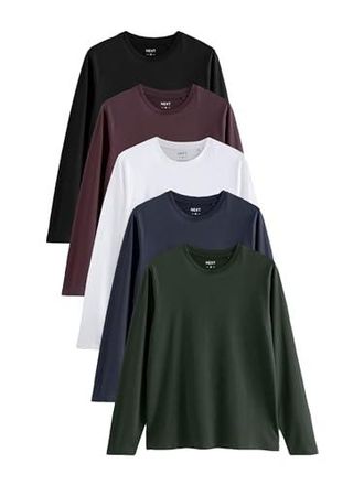 Next Homme T-Shirt 100% Coton Regular &agrave; Manches Longues, Lot de 5 Noir/Blanc/Bleu Marine/Vert/Rouge Bordeaux 3XL
