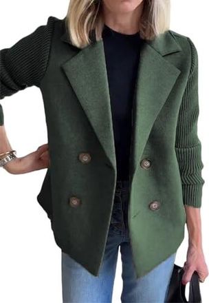 Generic Manteau de loisirs court en tricot &agrave; revers pour femme - Manches patchwork - Veste courte &agrave; double boutonnage pour le travail et le travail, vert, L