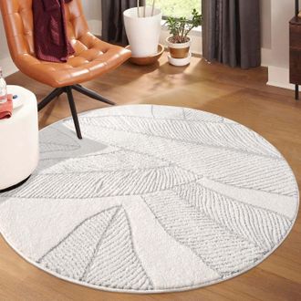 Carpet City Kurzflor Teppich Grau, Creme - 200 cm Rund - Wohnzimmer-Teppiche Hochtief-Muster, 3D-Effekt - Florales Muster - Flachflor Bodenbelag, Deko Schlafzimme