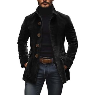Generic Manteau dhiver en velours c&ocirc;tel&eacute; pour homme, manteau r&eacute;tro en velours c&ocirc;tel&eacute;, veste longue avec col montant et boutonni&egrave;re &agrave; une rang&eacute;e pour les loisi