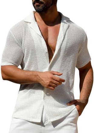 Generic Chemise en tricot pour homme, coupe décontractée, à manches courtes, boutonnée, tendance, décontractée, dété, respirante, chemise de plage décontracté