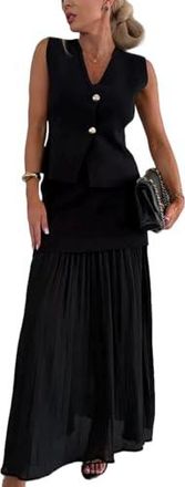 Generic Jupe longue plissée en tulle épissé en tricot à taille élastique, col en V tricoté épissé, jupe longue plissée, tenues dété 2 pièces, Noir, 3XL