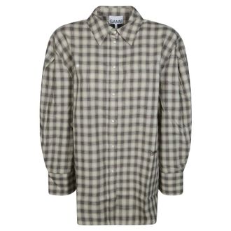 Ganni Chemise &agrave; Manches Pliss&eacute;es en Flanelle &agrave; Carreaux L&eacute;gers - Femme - Blouses et Chemises - Beige - Taille: 30 FR