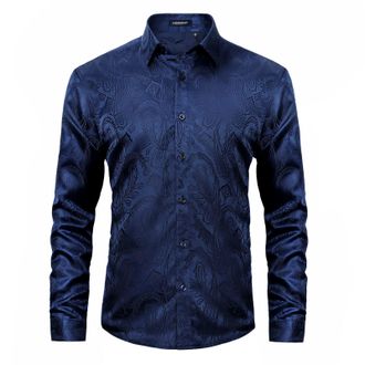 Hisdern Herren Paisley Hemd Langarm Dunkelblau Blumen Muster Seidenhemd für Männer Jacquard Freizeithemd für Hochzeit Regular Fit XXL