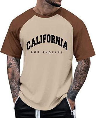 Generic T-shirts de sport pour hommes décontracté imprimé lettre manches courtes homme été colorblock t-shirt chemisier sport muscle tee tops chemisiers, kaki