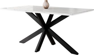 Mirjan24 Tisch Wegelio, Praktischer Esszimmertisch, Wohnzimmertisch, Küchentisch, Schwrz Metallbeine, Tisch für Esszimmer, Essgruppe (Marmor Bianco + Weiß Hoch