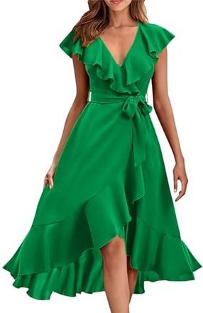 Generic Robe portefeuille pour femme avec col en V, manches courtes, volants et lacets, GN2., XXL