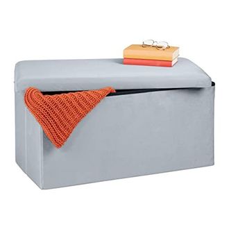 Relaxdays Banquette de Rangement, Rev&ecirc;tement Velours, 80 L, Entr&eacute;e, Salon, Coffre &agrave; Assise Matelass&eacute;e, 38x77x39 cm, Gris