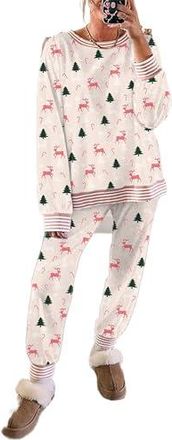 Generic Ensemble de pyjama motif sapins de No&euml;l et noeuds pour femmes, pyjama de No&euml;l mignon d&eacute;contract&eacute; pour f&ecirc;te, tenue de d&eacute;tente &agrave; manches longues et pant