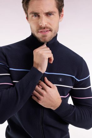 Eden Park Cardigan Zipp&eacute; En Coton Marine &Agrave; Liser&eacute;s Color&eacute;s Coupe Droite