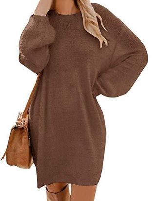 ORANDESIGNE Femmes Pull Robe Tricoté Col Rond Solide Couleur Chandail À Manches Longues Lâche Pullover Mini Dress Long Tricots Hiver Robe Tunique (36, Marron)