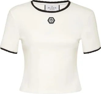 Philipp Plein Femme, Tops, Beige, Taille: 44 FR T-shirt Round Neck SS Rib