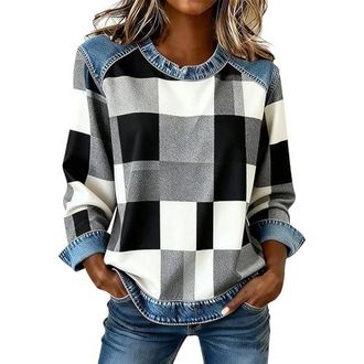 Generic Sweat en Denim Patchwork Femme Fashion Manches Longues Pull-Over Col Rond Couleur Unie Top Haut Streetwear Grandes Tailles Vetement pour Printemps Aut