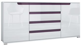Vladon Sideboard Sylt V2, Kommode mit 2 T&uuml;ren und 4 Schubladen, Korpus - Wei&szlig; matt/Front - Wei&szlig; Hochglanz/Absetzung - Brombeer Hochglanz (166,5 x 75,5 x 35 c