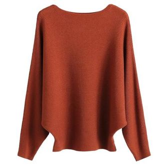 Generic Pull en tricot côtelé à manches chauve-souris et col bateau pour femme - Pull décontracté à manches Dolman, caramel, Taille unique