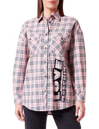 Love Moschino Damen Relaxed Fit Long Sleeves with Patch Pockets On The Front and Maxi Brand Print Shirt, Pink Green, 42 EU