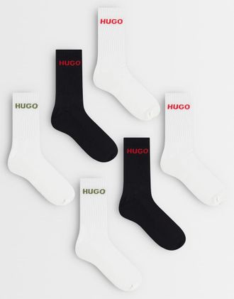 HUGO BOSS HUGO Bodywear - Lot de 6 paires de chaussettes c&ocirc;tel&eacute;es &agrave; logo - Multicolore