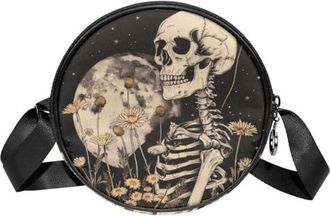 Generic Petit sac &agrave; bandouli&egrave;re rond pour femme, motif fleurs squelettes avec fermeture &eacute;clair, bretelles r&eacute;glables, sac &agrave; main rond d&eacute;contract&eacute; pour femmes e