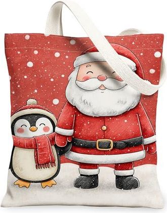Generic Sacs fourre-tout en toile motif pingouin de No&euml;l, adorables sacs d&eacute;picerie r&eacute;utilisables, l&eacute;gers et lavables, Rouge, 13x15 Inch