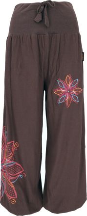Guru Shop Weite Pluderhose mit Breitem Bund, Blumenstickerei - Dunkelbraun, Damen, Baumwolle, Size:L/XL