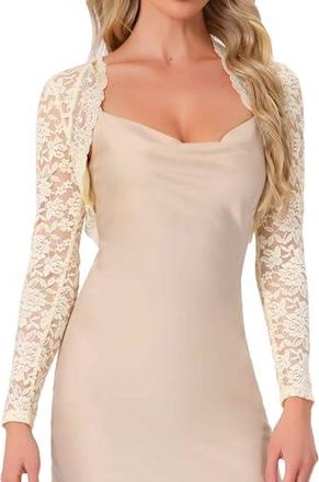 Allegra K Bol&eacute;ro en Dentelle Florale Femme Cardigan Court &agrave; Volants pour Robe de Cocktail Gilet Transparent Manches Longues Veste en Maille Abricot XS
