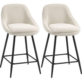 HOMCOM Lot de 2 tabourets de bar en tissu velours c&ocirc;tel&eacute;, chaises de bar avec dossier courb&eacute;, repose-pieds, 49x52x88cm, cr&egrave;me-Cr&egrave;me