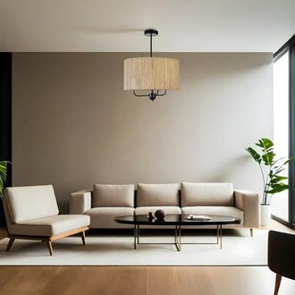 Opviq Elegant Metal Chandelier with Bamboo Cap, 45 cm Diameter, Adjustable Height, E27 Socket, Oak & Black Finish | Perfect for Modern Spaces, IP20 Rated