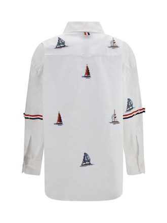 Thom Browne Womens Oversized Sailboat-Embroidered Shirt White Cotton