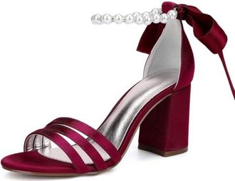 Generic Talon Femme Mariée Bloc Talons Chaussures De Mariage Sandales À Talon Satinée Dress Fête Bridal Mariage Sandales 8Cm,Wine Red,37 EU