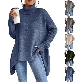 Generic Pull &agrave; col roul&eacute; de couleur unie pour femme, pull asym&eacute;trique &agrave; manches longues en tricot, robe sweat-shirt tendance, bleu marine, XXL-6XL