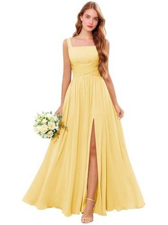 Generic Robe de demoiselle dhonneur en mousseline de soie plissée à col carré avec poches pour femme - Robe de soirée formelle trapèze avec fente, jaune, 46 G