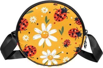 Generic Sac &agrave; bandouli&egrave;re rond pour femme, motif coccinelles, fleurs, petit sac &agrave; bandouli&egrave;re avec fermeture &eacute;clair, bretelles r&eacute;glables, sac &agrave; main rond d&eacute;co