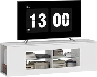 HOMCOM TV Schrank Lowboard 140 cm lang f&uuml;r Fernseher bis zu 65 Zoll, Fernsehtisch mit 6 F&auml;chern, 2 Glasregalen f&uuml;r Wohnzimmer Wei&szlig;