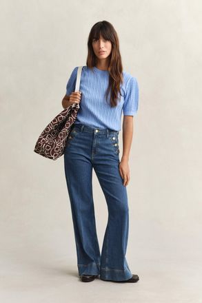 GANT Damen Kurzarmpullover aus Baumwolle mit Zopfmuster (XXS) HYDRANGEA Blau