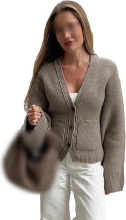 Generic Cardigan Monopetto Con Scollo A V Solido, Tasche A Maniche Lunghe Da Donna, Maglione Sottile Con Impunture Trapuntate E Arricciate